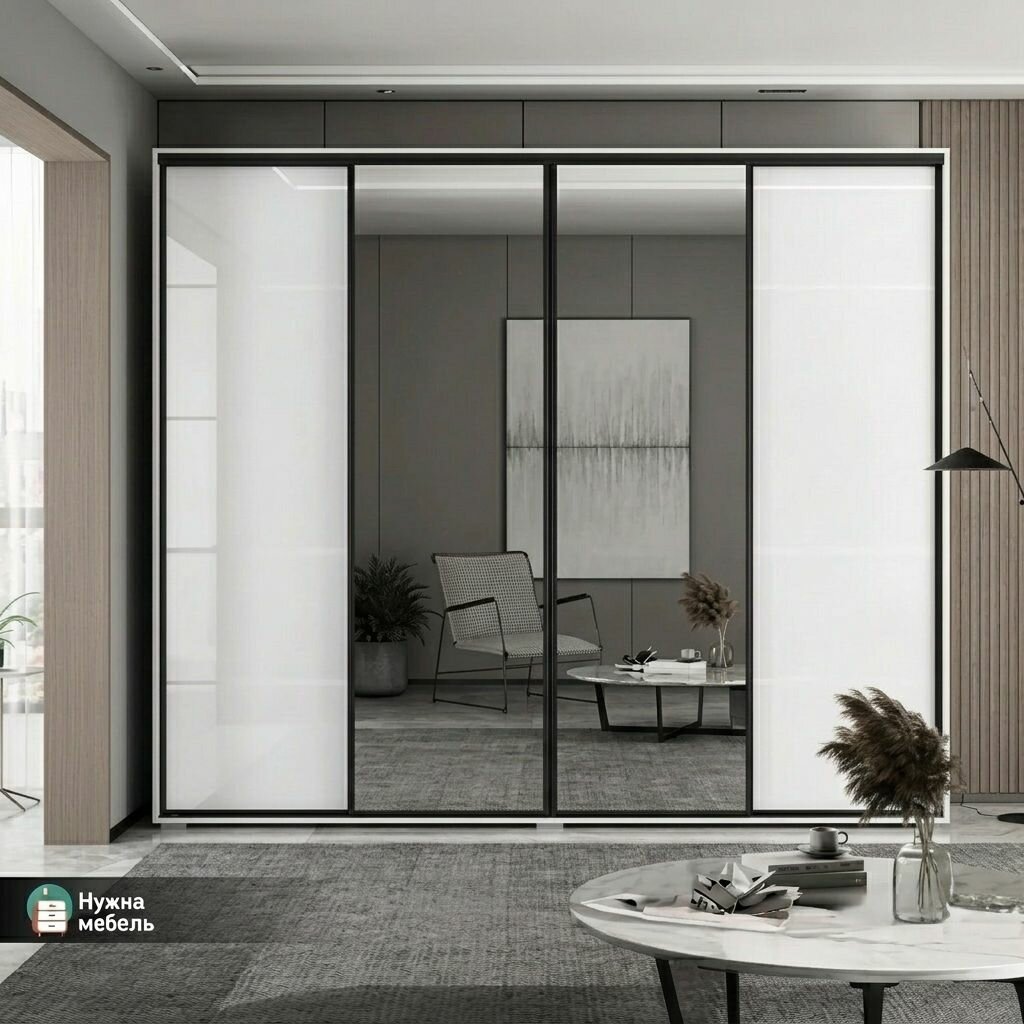 Шкаф-купе для одежды четырехдверный с зеркалом, Модель Бакс 88 с полками и штангой, Белого цвета и черным профилем, Мебель в спальню, прихожую и гостиную