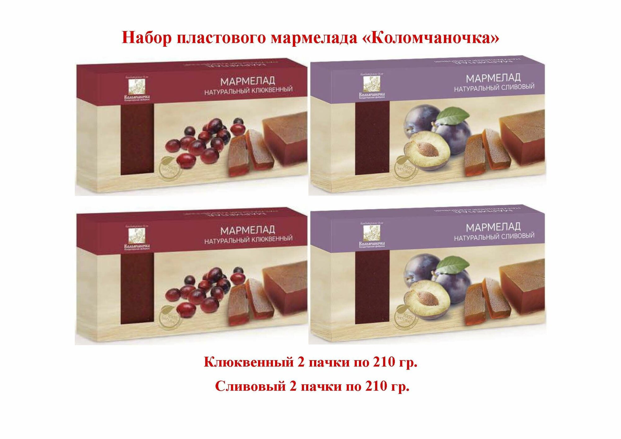 Пластовой мармелад "Коломчаночка" микс №14: клюквенный 2х210гр, сливовый 2х210гр.