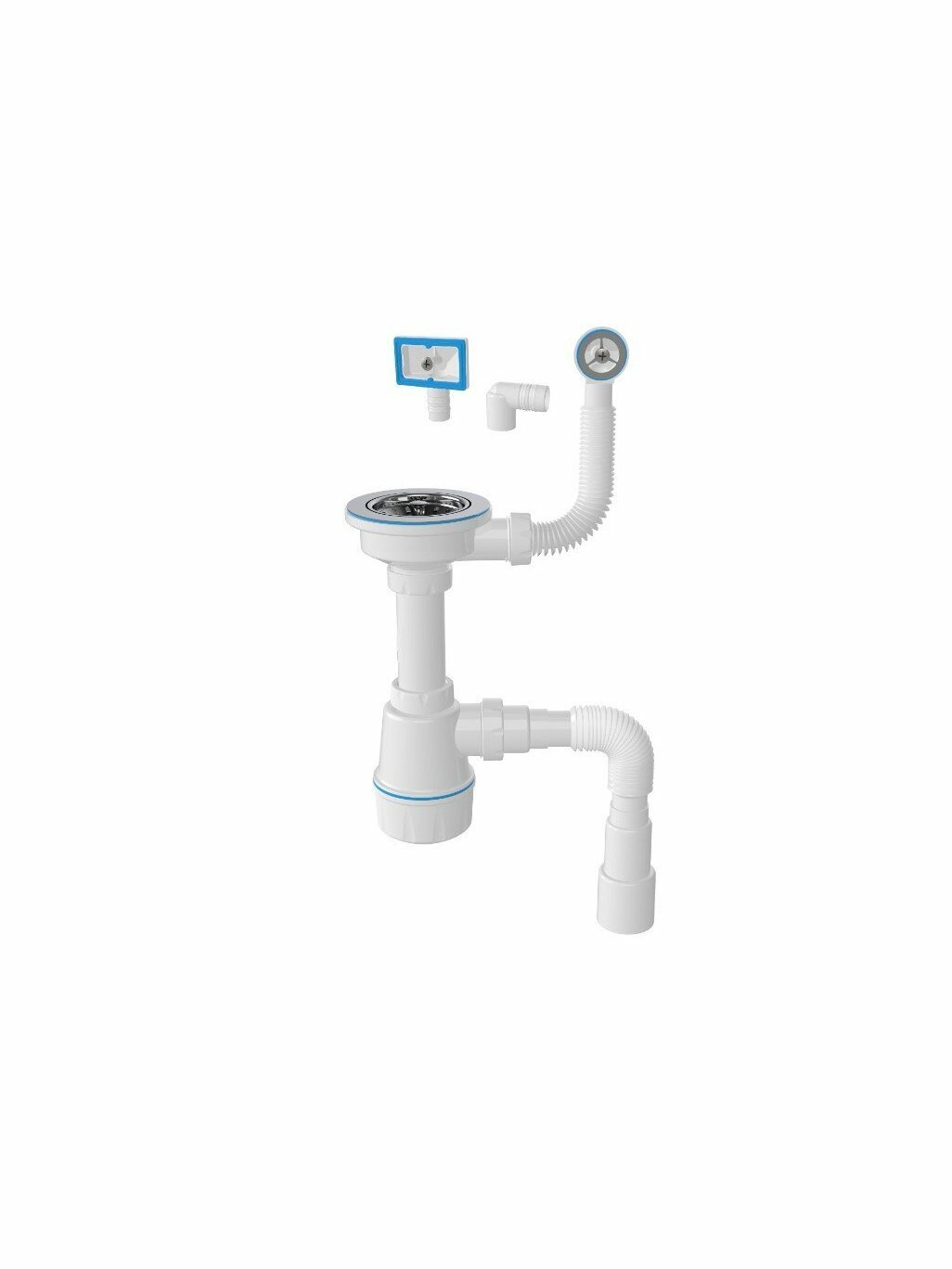 Сифон для мойки Aquanova 1049, 3 1/2 дюйма, с выпуском и переливом, белый