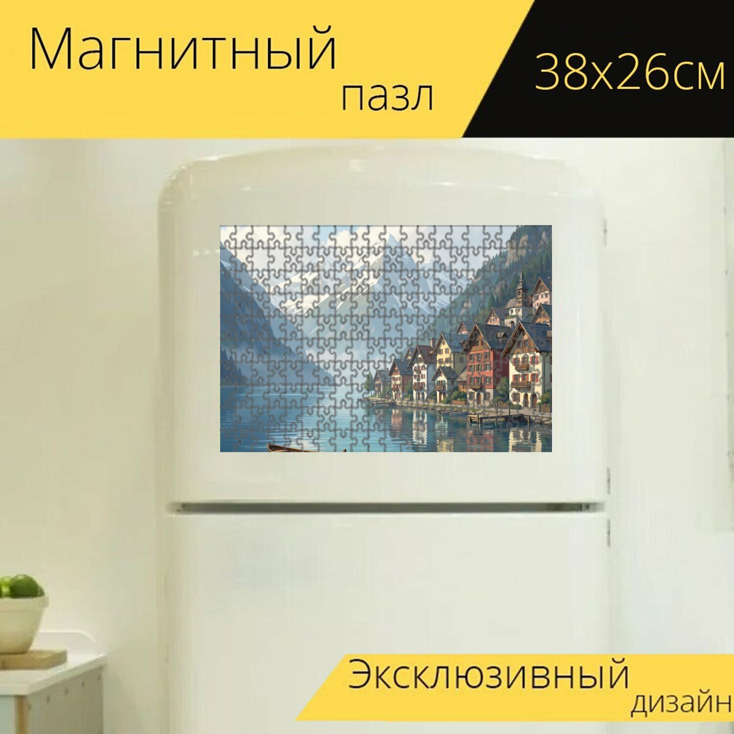 Магнитный пазл "Альпийская деревня у озера. Живописный европейский береговой поселок с разноцветными домами, лодкой на спокойной воде, заснеженными." для интерьера, 38х26 см.