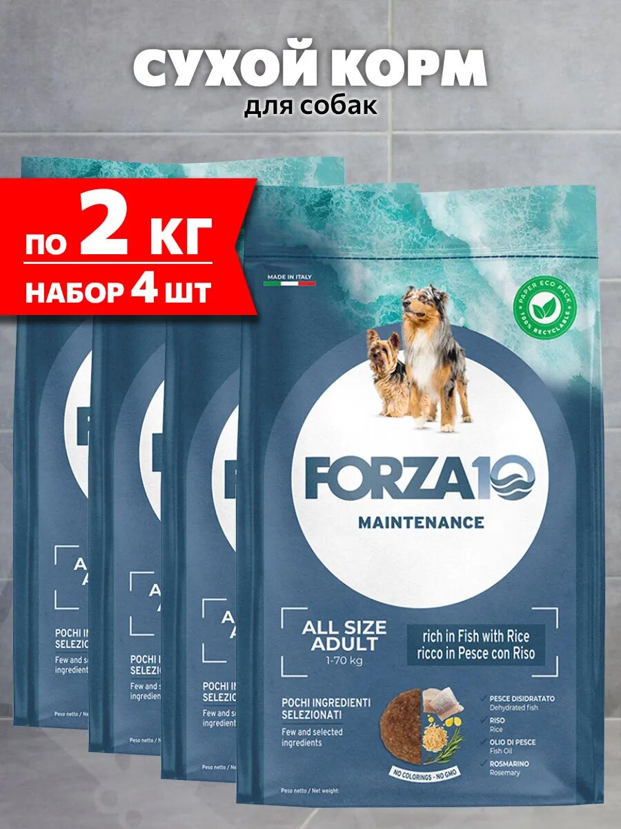 Корм сухой Forza10 Dog Maintenance Adult All Size для взрослых собак всех пород с рыбой и рисом, 2 кг х 4 шт