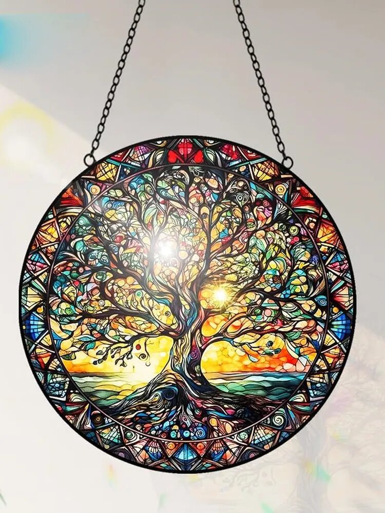 Подвеска из витражного стекла, дерево жизни, солнечный ловец 20 см, декор окон, панель из стекла, подарок