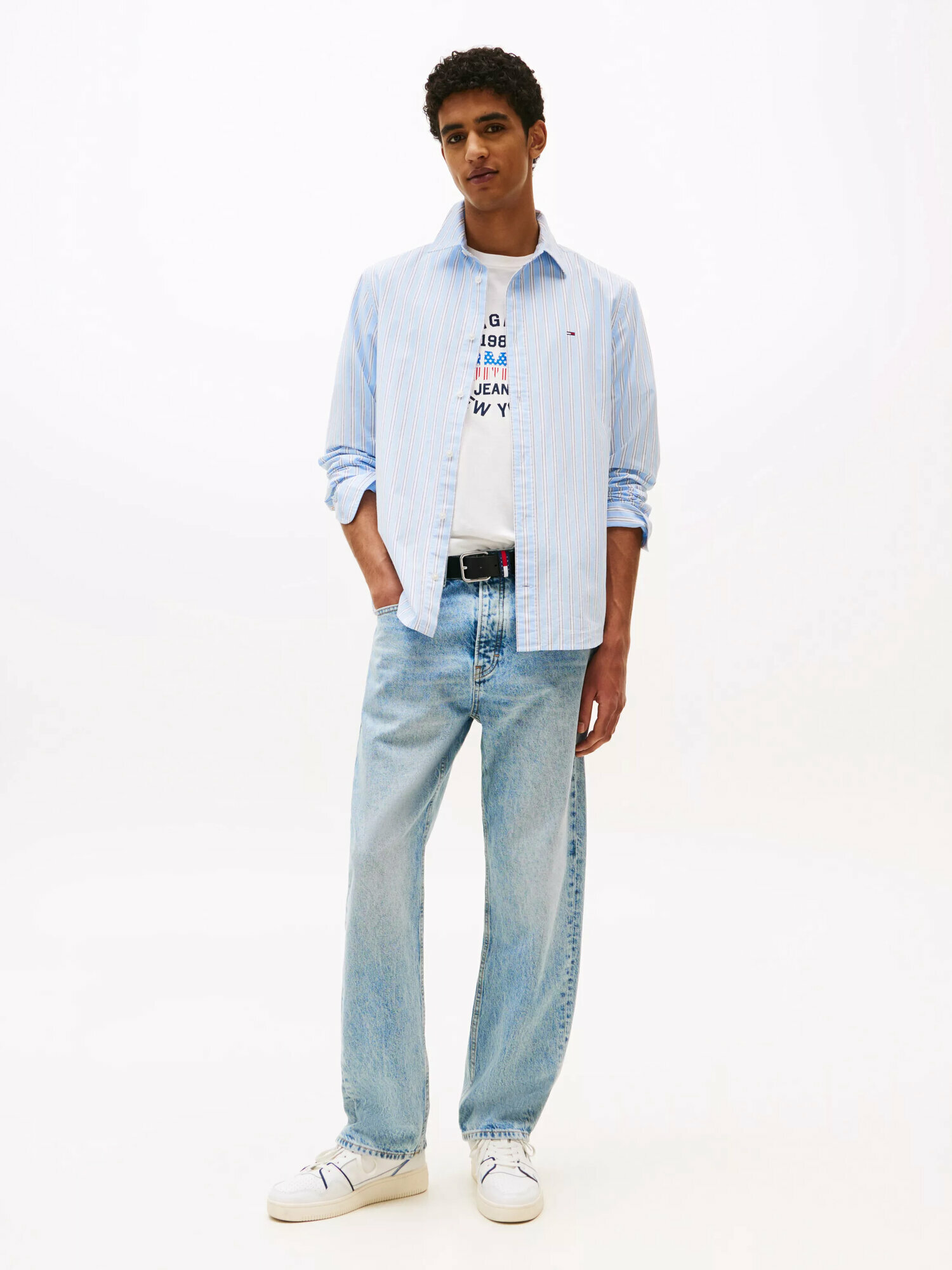Рубашка Tommy Jeans, размер S, голубой/белый — фото 1