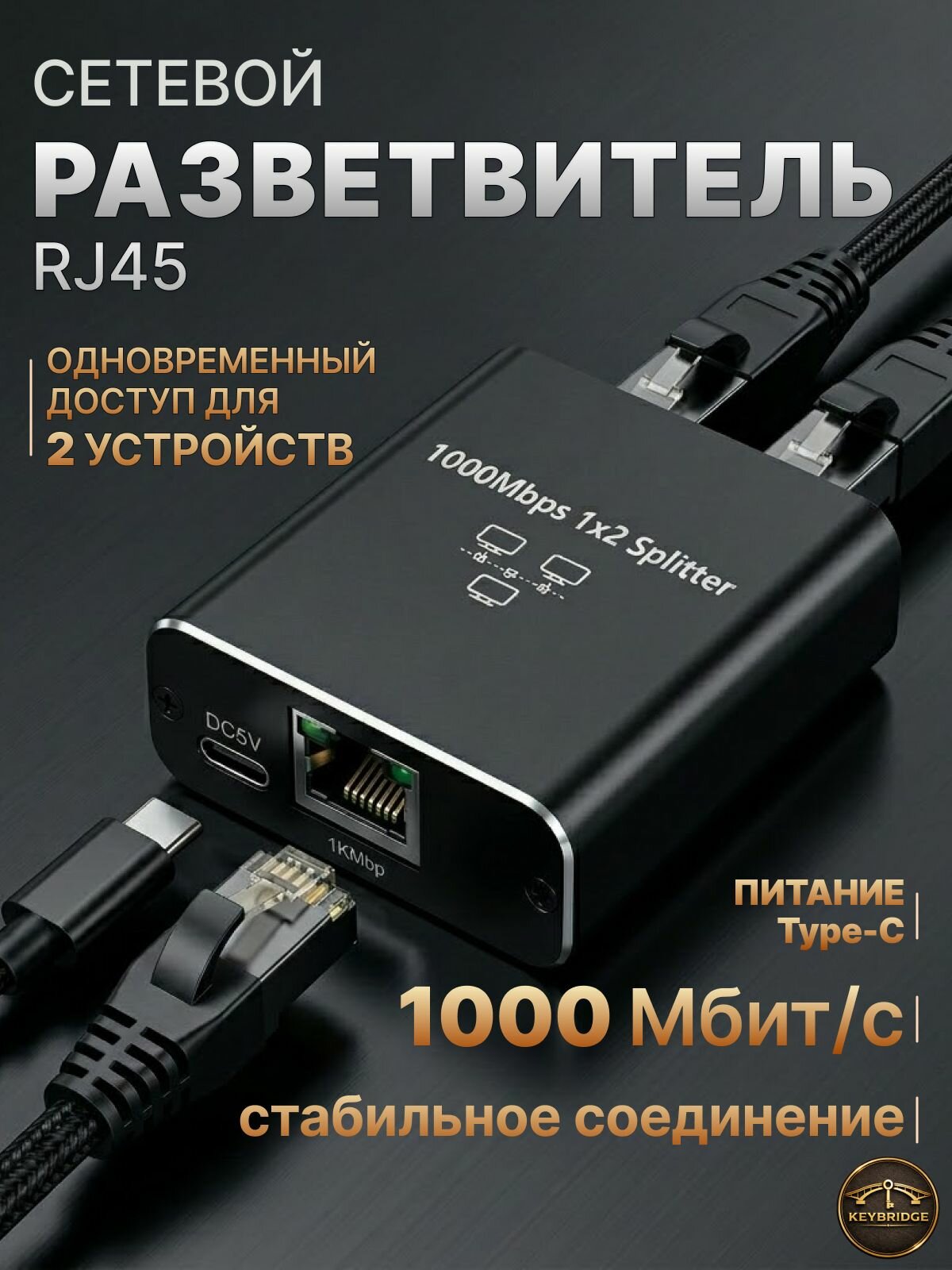 Интернет-разветвитель RJ45 1000 Мбит/с, 1 вход 2 выхода, сетевой сплиттер для интернет-кабеля, питание USB-C