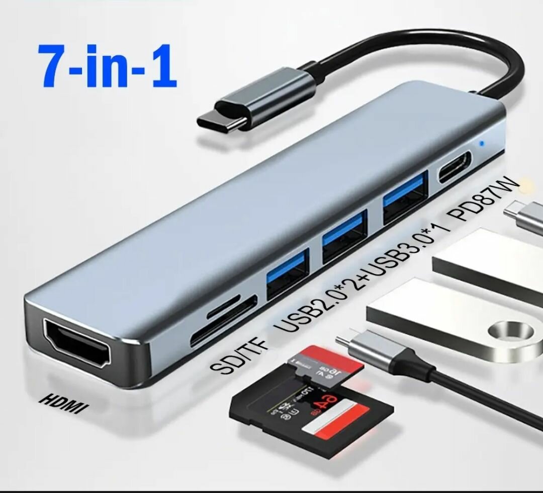 Хаб Type-C 7-в-1 для MacBook USB Type-C HUB 4K @ 30Hz HDMI 3 * USB 3,0 PD 100W Type C порт SD/TF кардридер для Macbook iPad M2 M1 Steam Deck