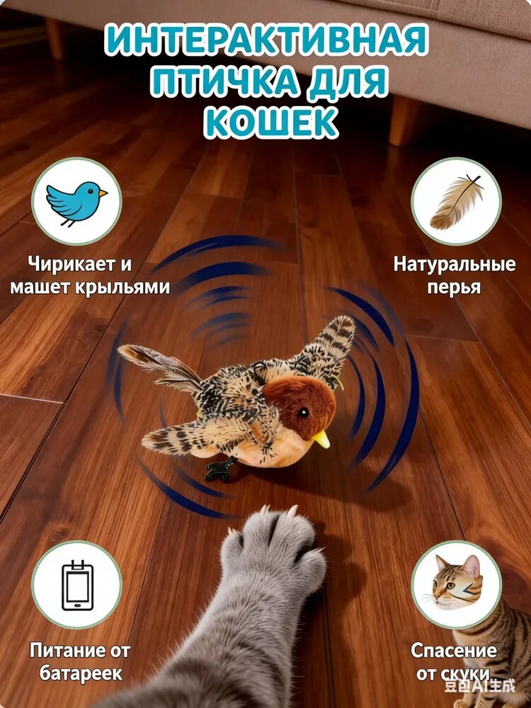 Летающая птичка игрушка для кошек и котят: мягкая реалистичная птица с пду, литающая птица на батарейке