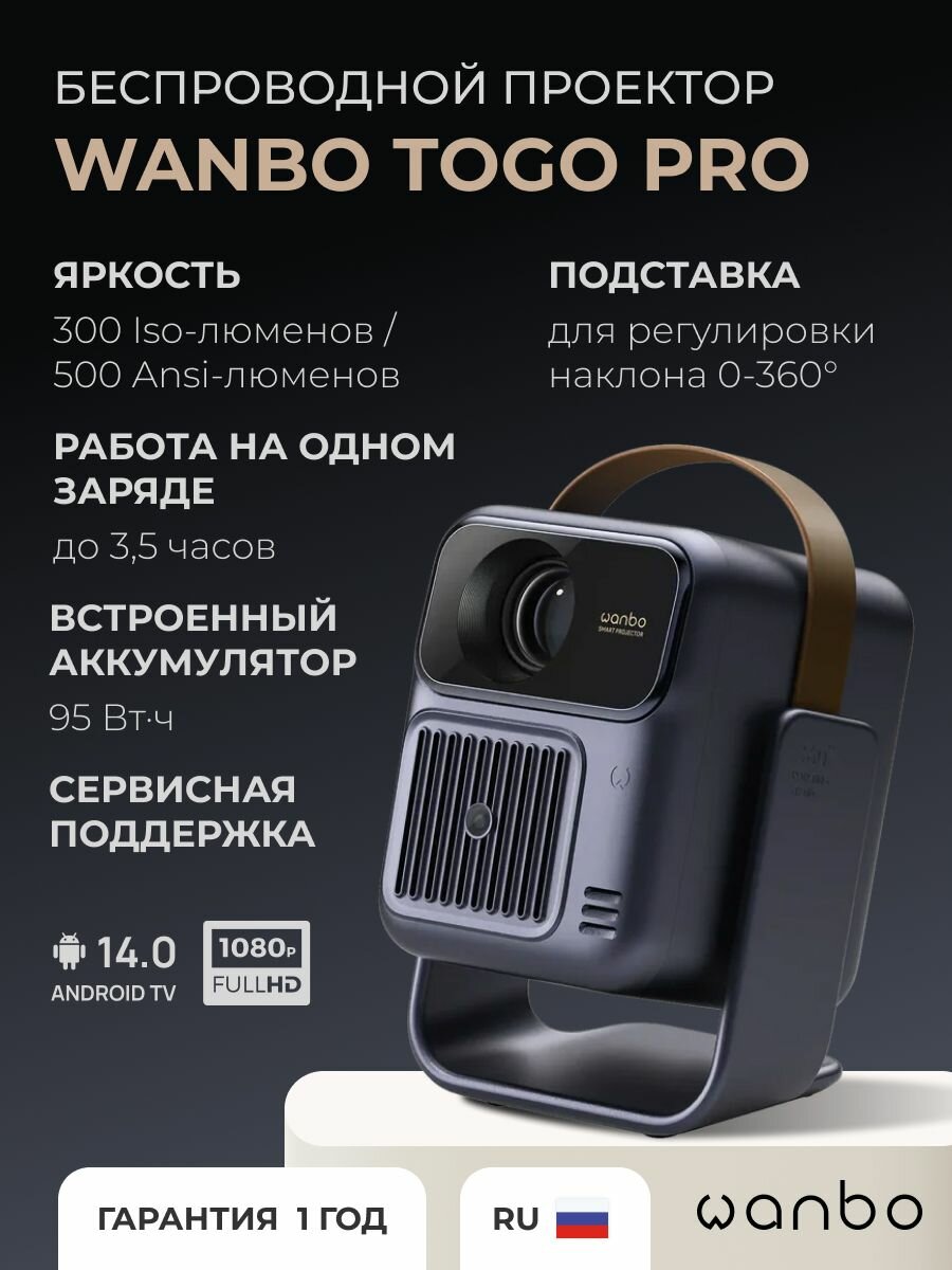 Проектор Wanbo Projector ToGo Pro Android 14, 2G+32 Гб, 1080P, 500 ANSI, автофокус, синий