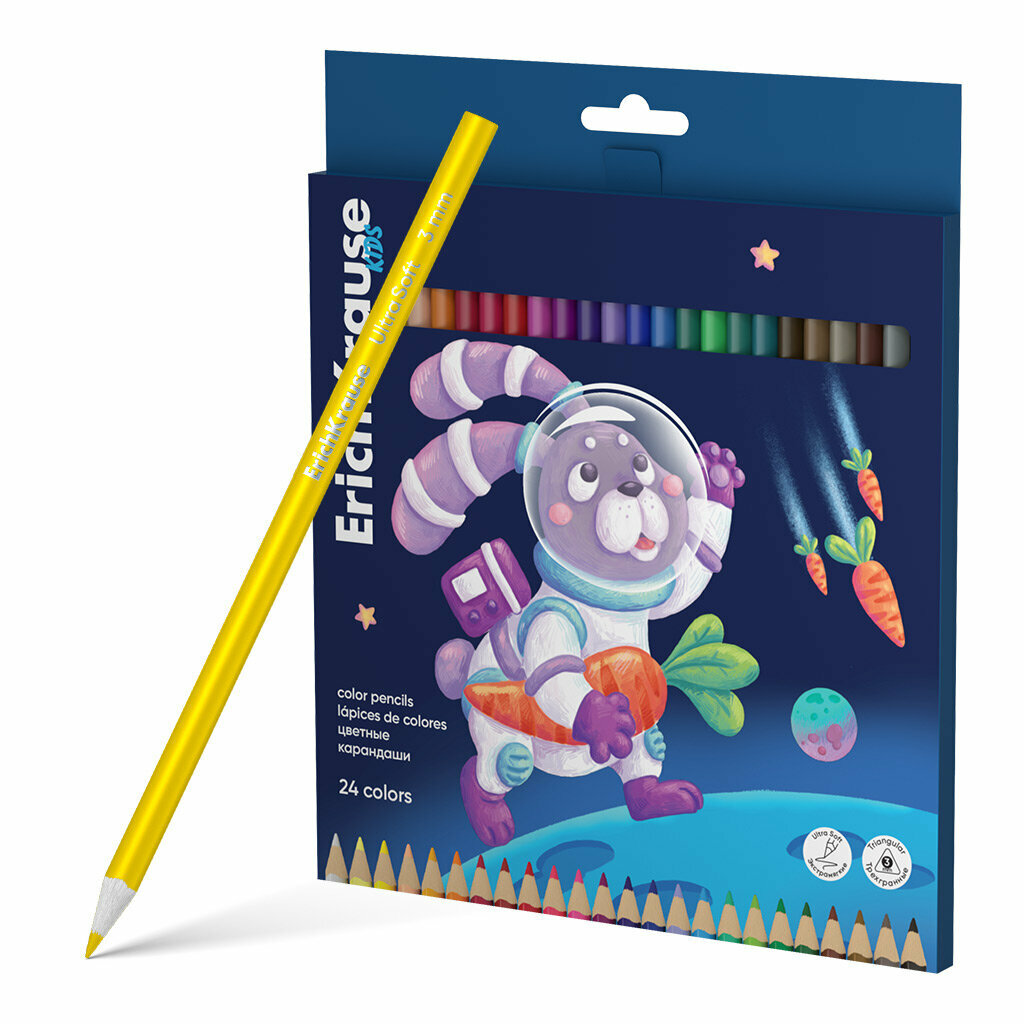 Карандаши ErichKrause цветные деревянные Kids Space Animals трехгранные, грифель 3 мм, 24 цвета, 24 шт в коробке с европодвесом