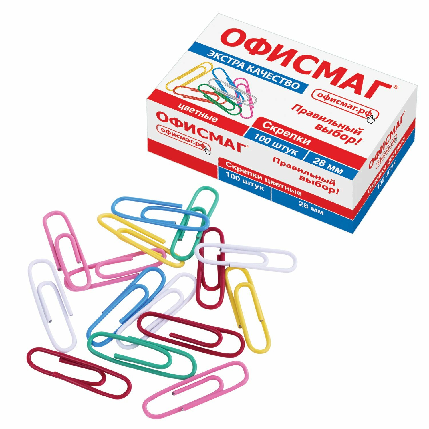 Комплектация 3 шт. Скрепки экстра офисмаг 28 мм цветные 100 штук, 271316