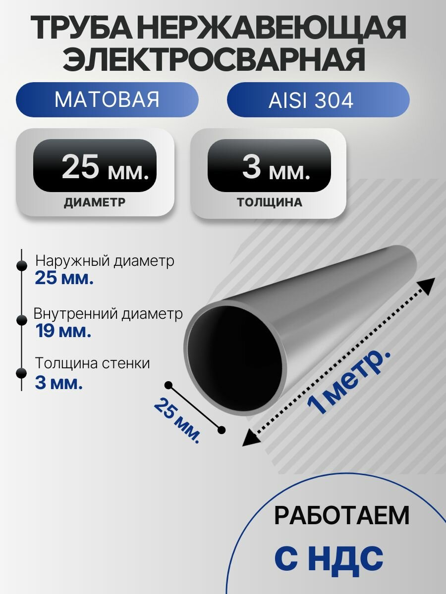 Труба нержавеющая матовая 25Х3 мм. AISI 304 (08Х18Н10), дл. 1 метр.