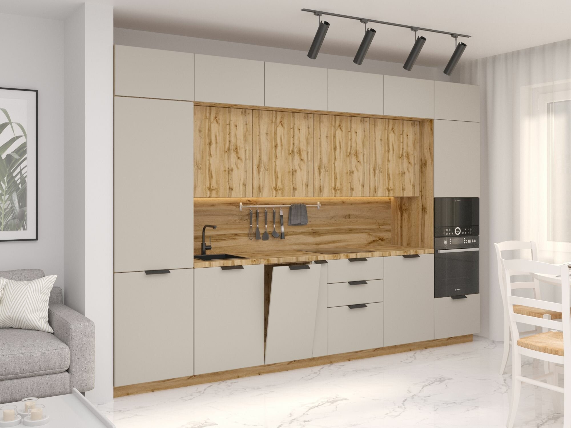 Кухонный гарнитур Фьюжн Silky Grey/Флэт Wotan Oak 2S, 3600 мм