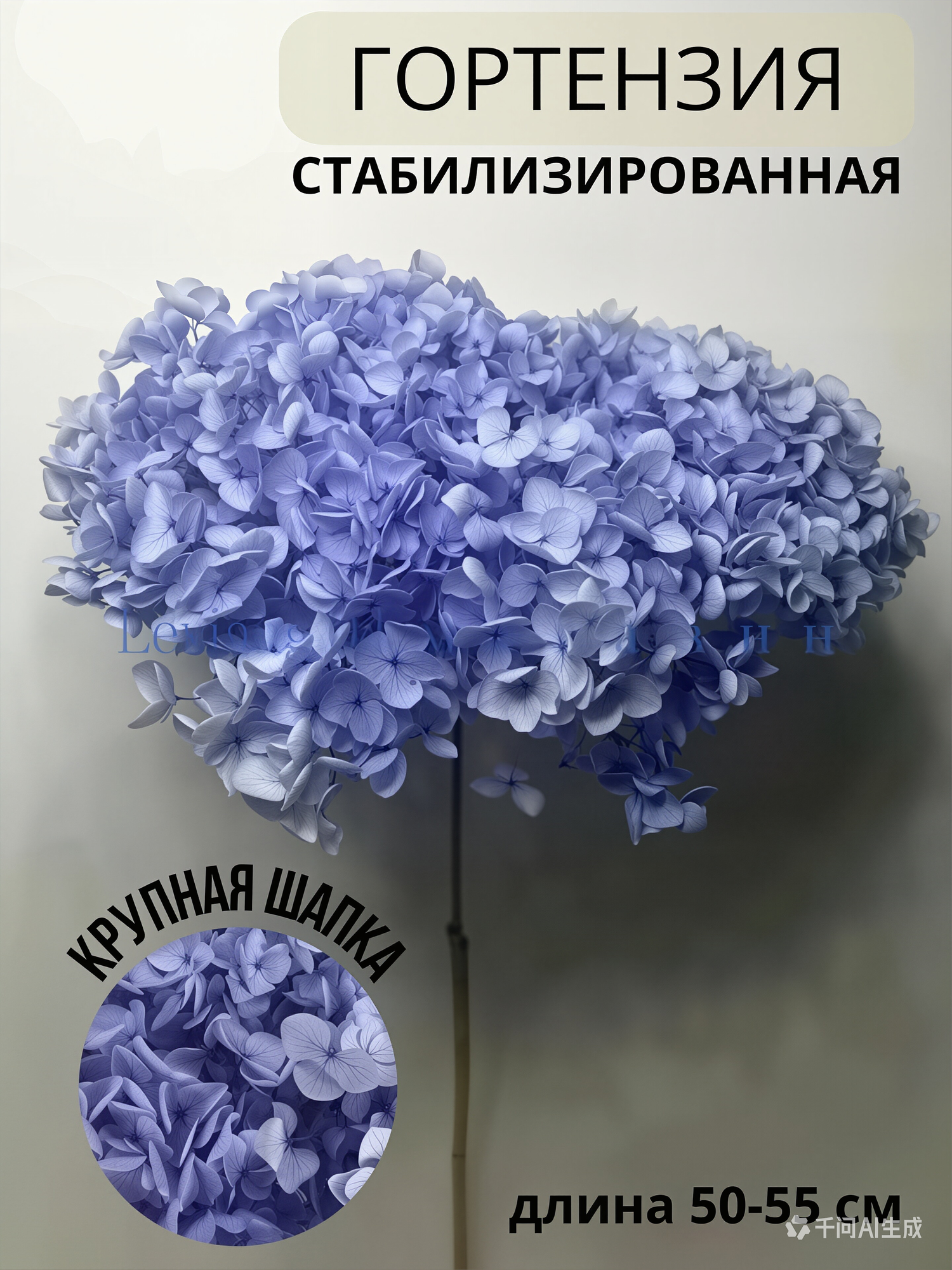 Стабилизированная гортензия "Вечная жизнь", светло-фиолетовая, 55см, 1шт