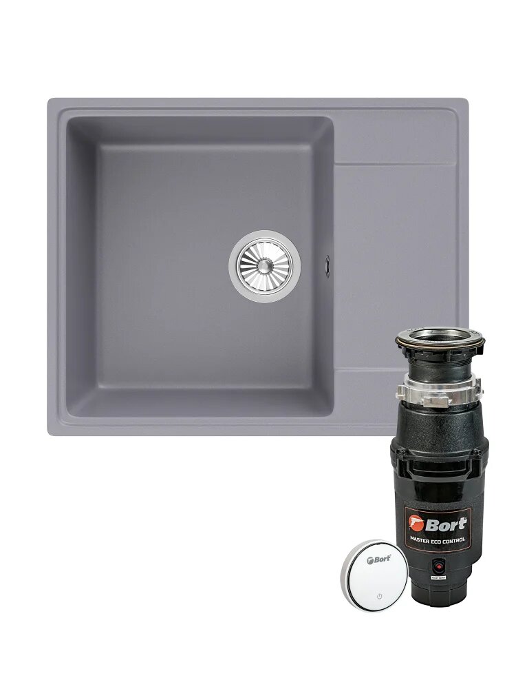Комплект Мойка Domaci Солерно DP 605-05 60x48, бетон, кварц / Измельчитель Bort Master Eco Control электрический, нержавеющая сталь