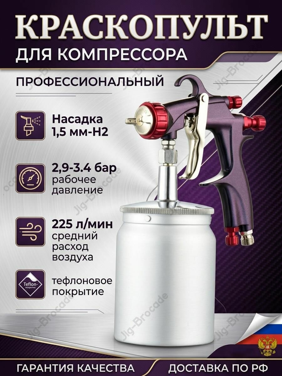 Краскопульт для компрессора, алюминиевый корпус с тефлоновым покрытием, HVLP, 1.5 мм-H2