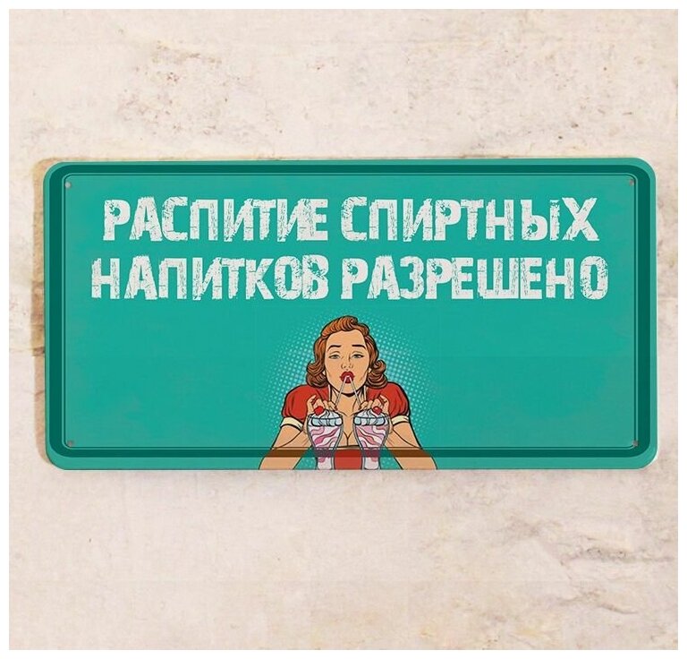 Прикольная табличка для дома и бара Распитие спиртных напитков разрешено, металл, 15х30 см.