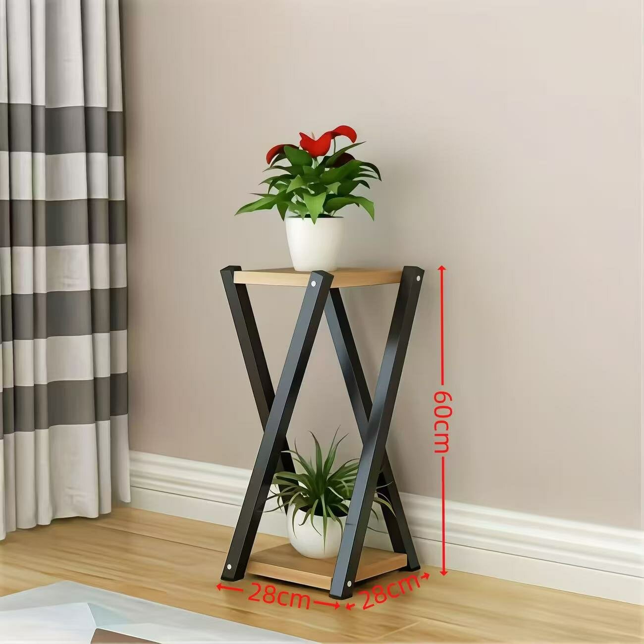 Напольная подставка AUN, для цветов, 2 яруса, металл, дерево, 60x28 см, черный
