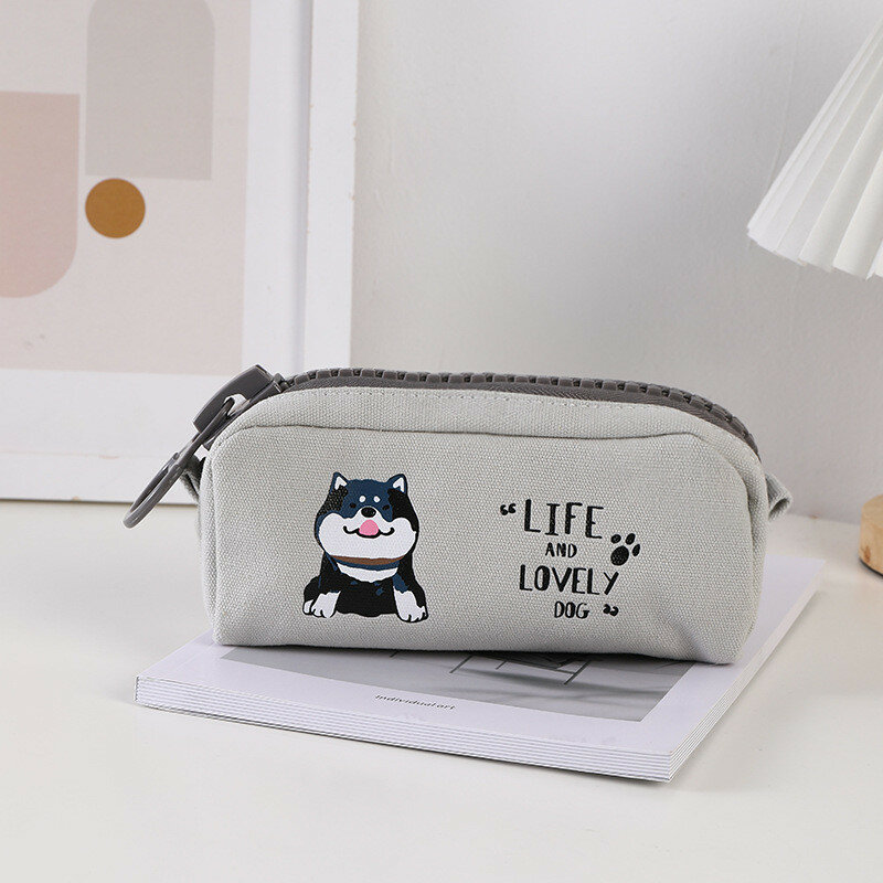 Canvas pencil case for students large capacity zipper storage bag for girls gray