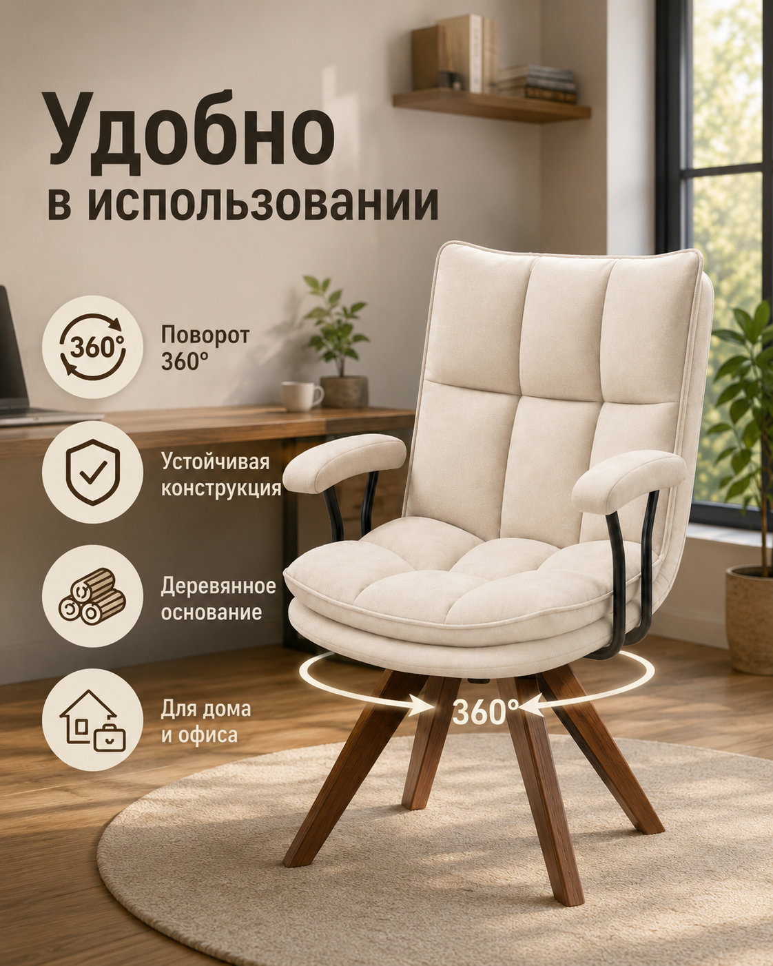 Мягкое вращающееся кресло на деревянной основе с съемными подлокотниками, поворот на 360°