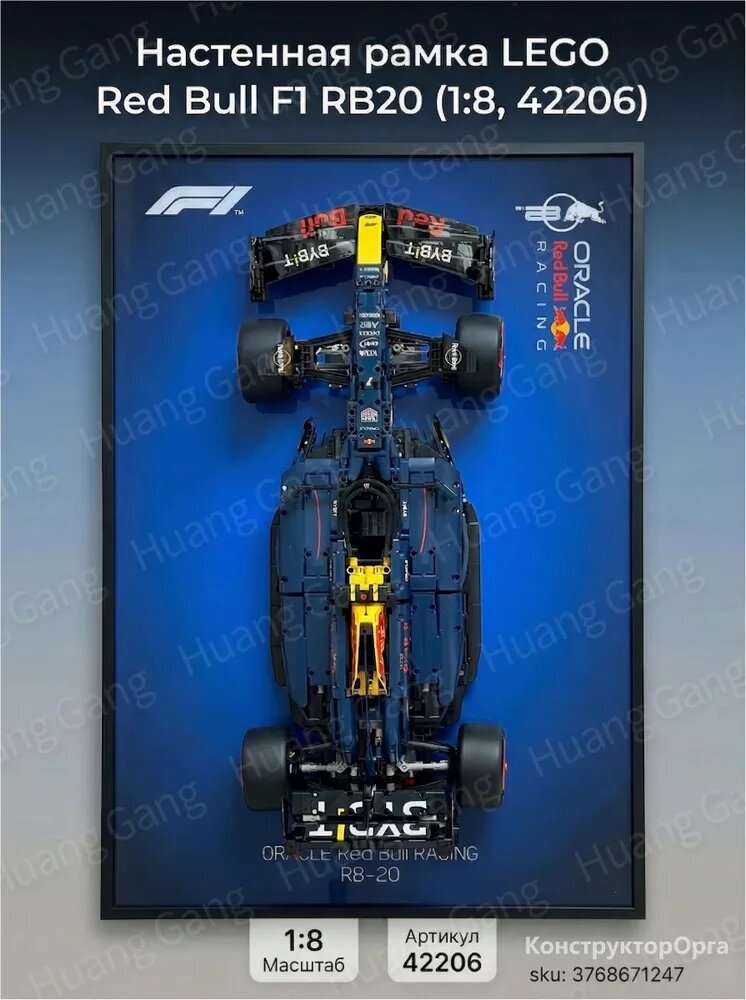 Настенная витрина-рама для конструктора гоночного болида F1 RB20 (1:8, арт. 42206) Алюминиевый профиль и акриловое стекло Премиальное декоративное панно, 80x50 см