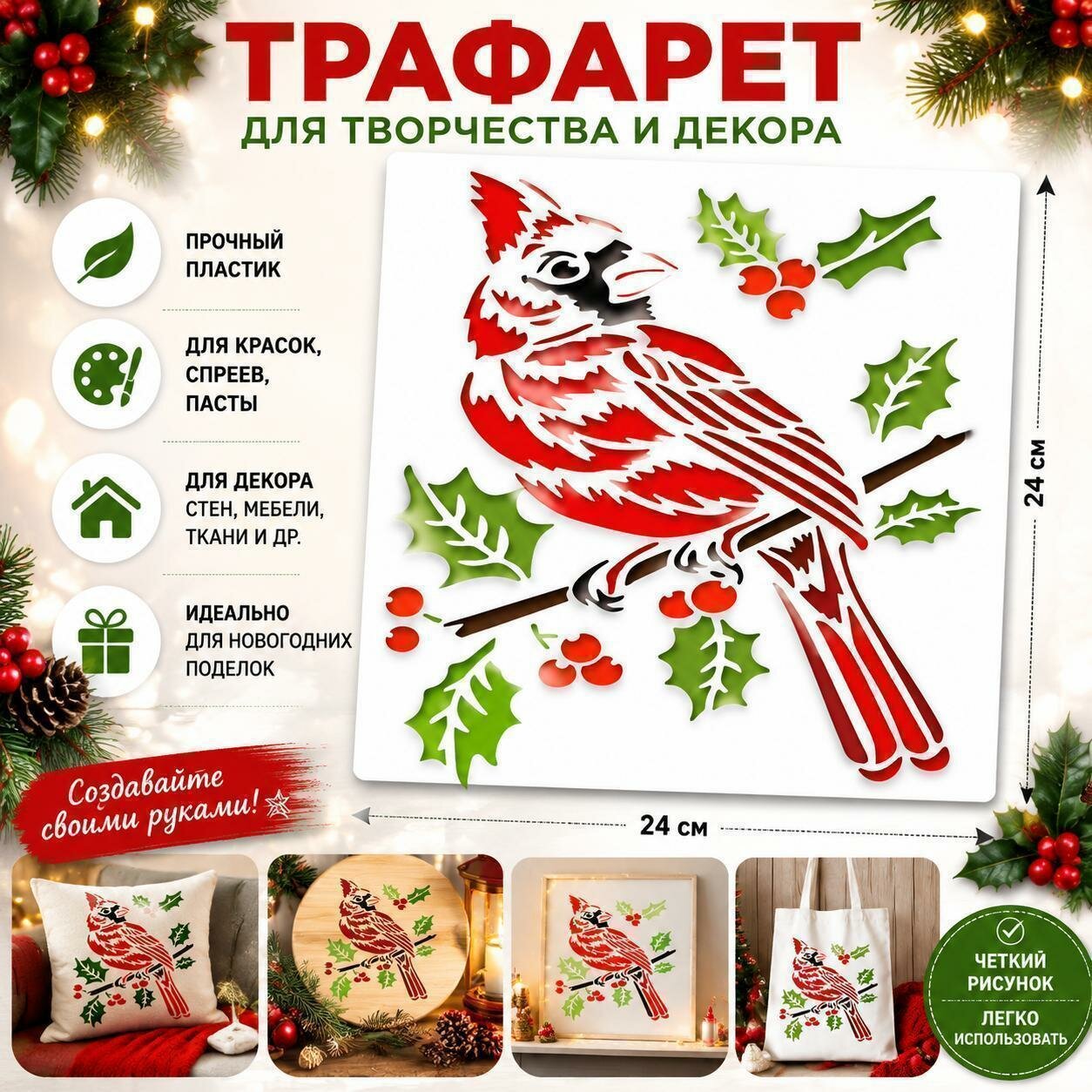 Новогодний трафарет/наклейка «Красный кардинал с остролистом», декоративный шаблон для творчества, 1 шт