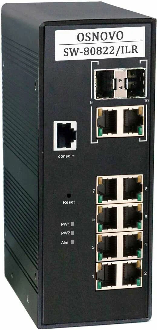 Промышленный управляемый (L2+) PoE коммутатор Osnovo SW-80822/ILR - Gigabit Ethernet на 10 портов. Порты: 8 x GE (10/100/1000Base-T) с PoE (до 30W) + 2 x GE Combo (RJ45 10/100/1000Base-T+