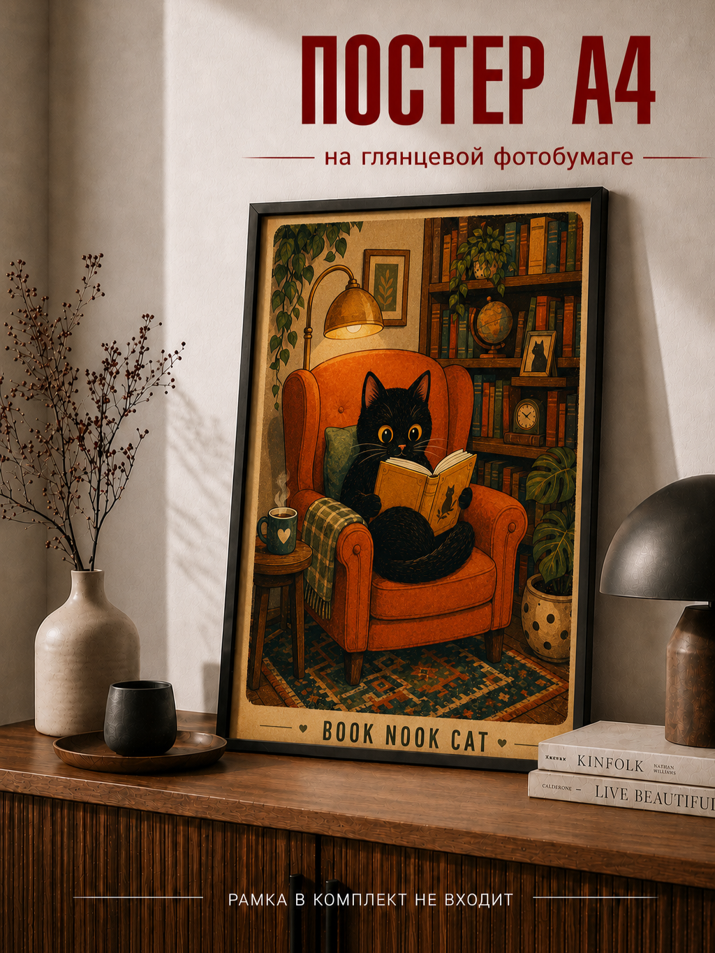 Постер А4 "Book Nook Cat", черный кот с книгой, уютный плакат для библиотеки и комнаты