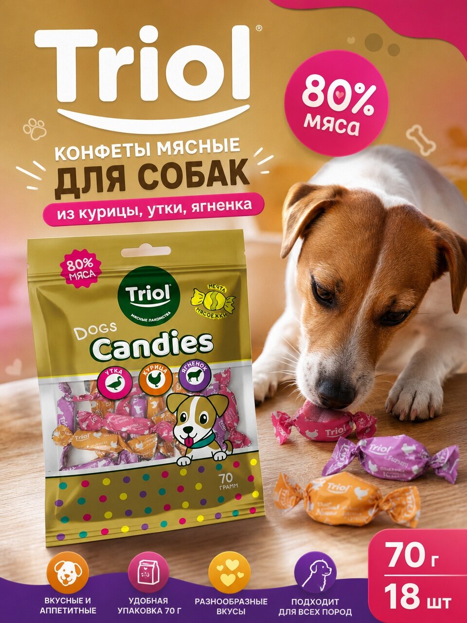 Лакомство для собак «Конфеты мясные из курицы, утки, ягненка», 70г, серия FUN FOOD