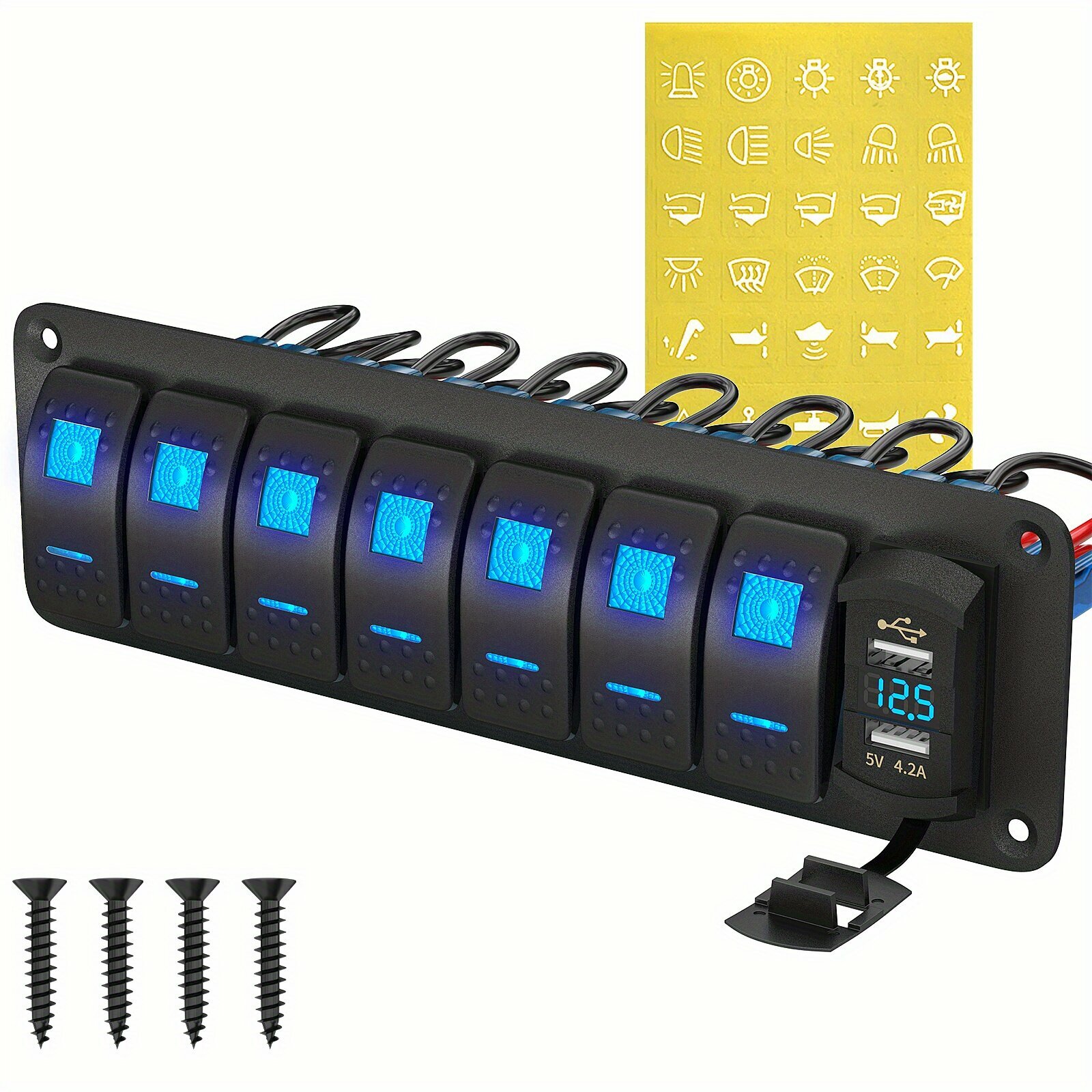 Панель управления 8-позиционная 12V с розеткой, двойным USB 4.2 и вольтметром для авто, яхт и лодок, с предварительной проводкой, прозрачными наклейками и винтами, без аккумулятора, синий