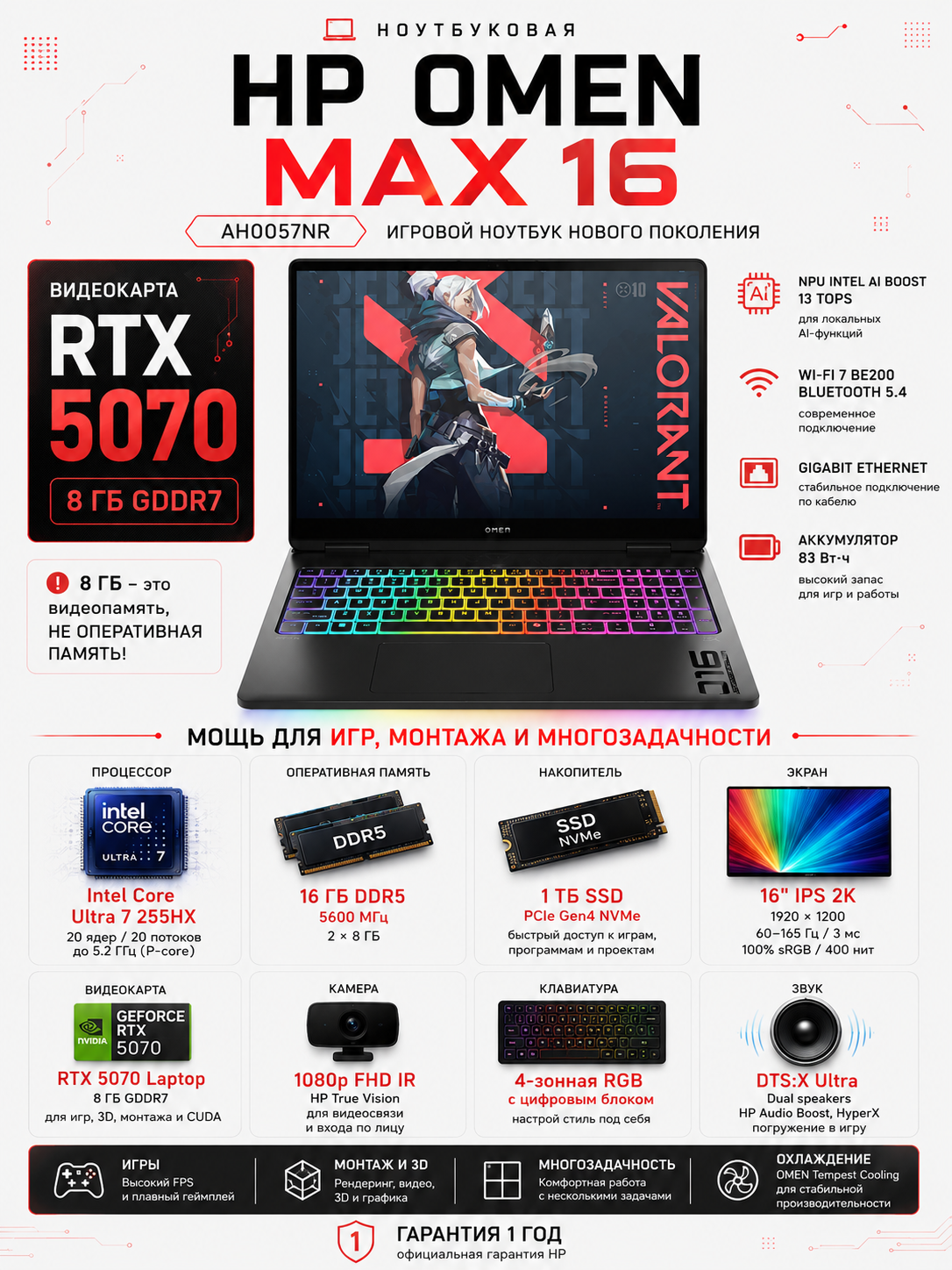 Игровой ноутбук HP Omen Max 16 (Ultra 7, 16 ГБ, 1 ТБ, RTX 5070, 165 Гц, Win 11) Черный