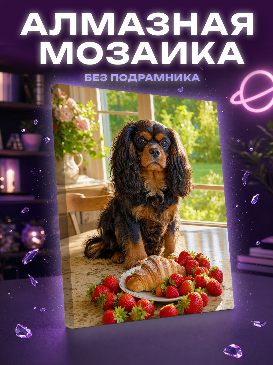 Алмазная мозаика Спаниель с круассаном у окна