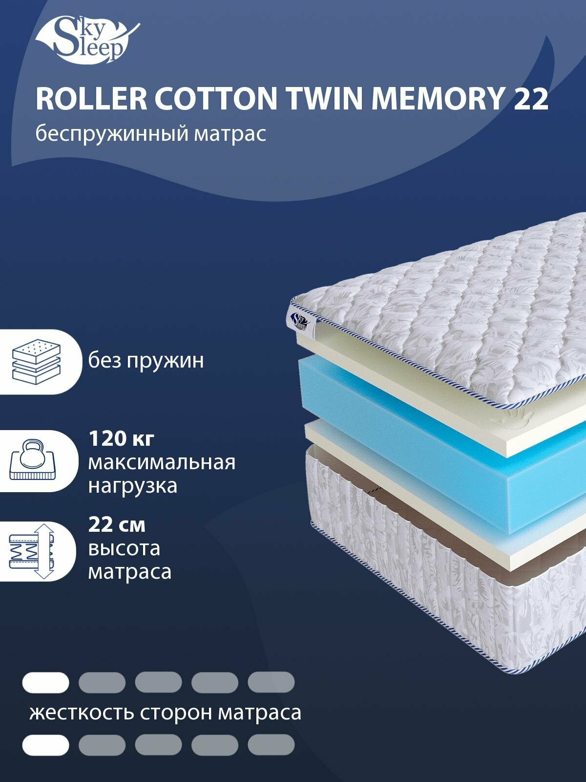 Беспружинный ортопедический матрас SkySleep ROLLER Cotton Twin Memory 22 на диван кровать 120x220