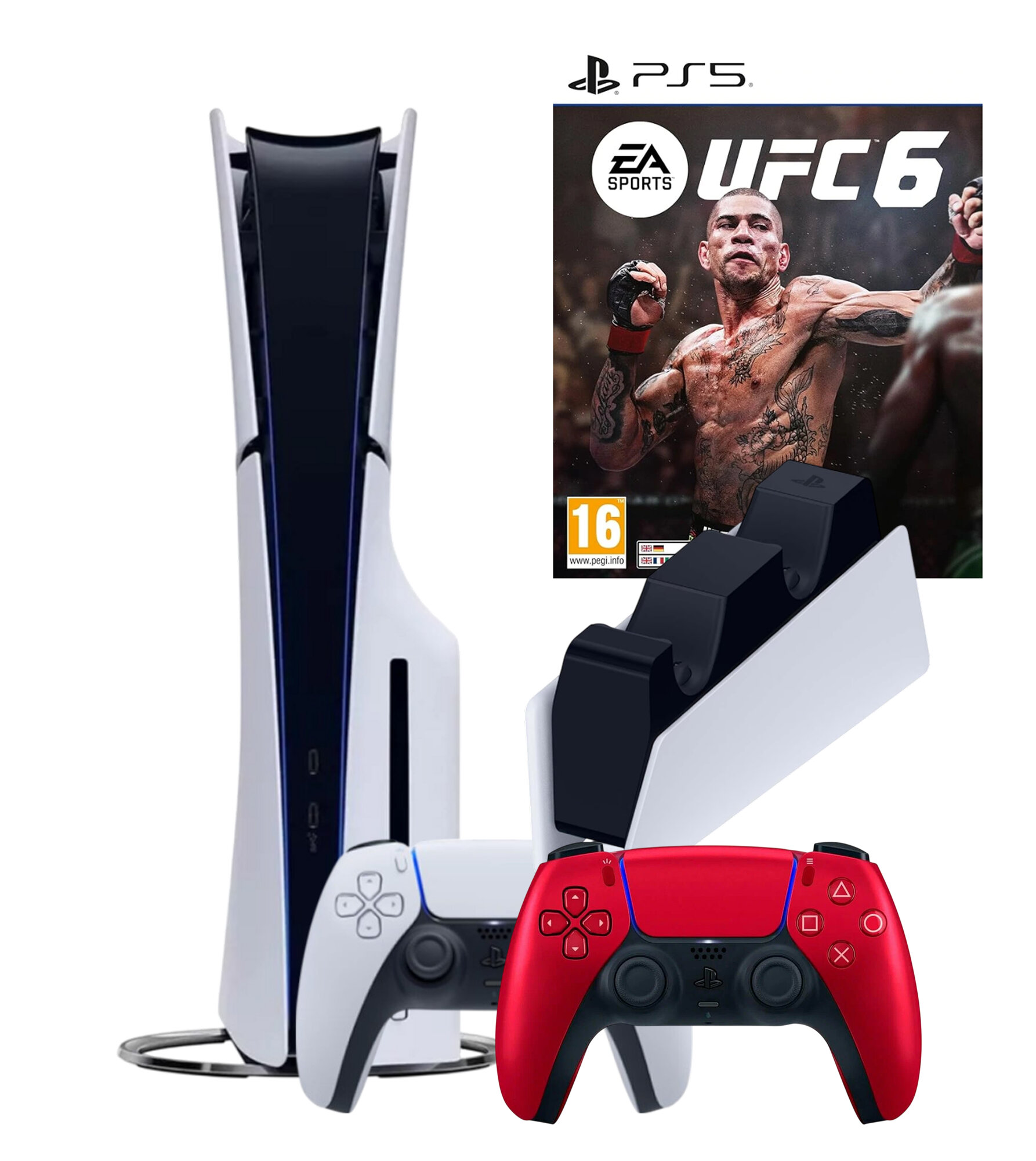 Игровая приставка PlayStation 5 Slim Disk + UFC6 + Dualsense Charging Station + DualSense PS5 Volcanic Red