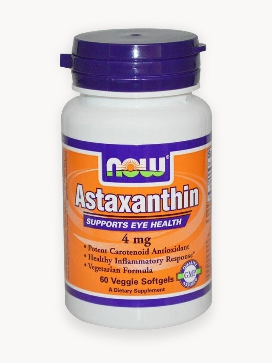 Астаксантин, 4мг NOW Astaxanthin,60 растительных капсул, Антиоксидант для глаз, для зрения, для мозга