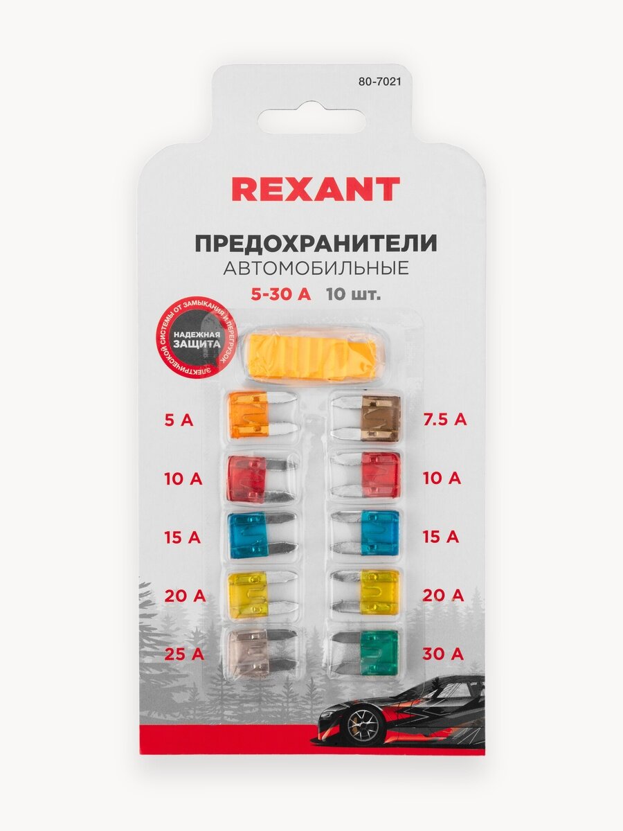 Набор флажковых пластиковых предохранителей мини в блистере REXANT 10 штук в упаковке