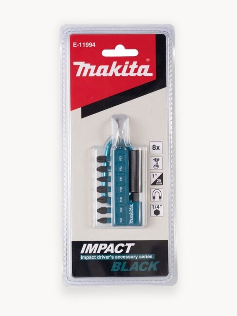 Набор бит Makita Impact Black 25 мм 8 шт.(PH1,2XPH2, PH3, PZ1, PZ2, PZ3, магнитный держатель)