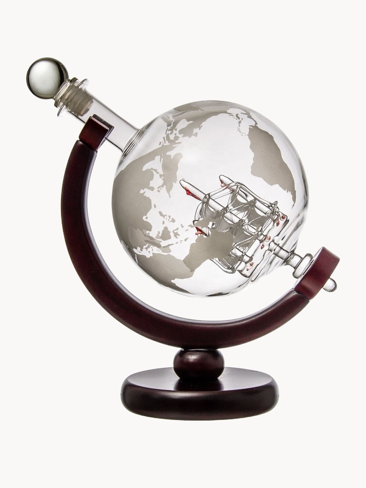 Графин-декантер для виски Корабль в глобусе, 850 мл, натуральное дерево, ручная работа