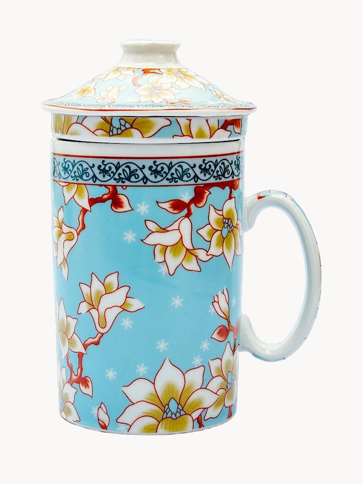 Кружка для чая с ситечком Восточная культура N 4 голубая 300 мл, заварочная, с крышкой, подарочная для чайных церемоний