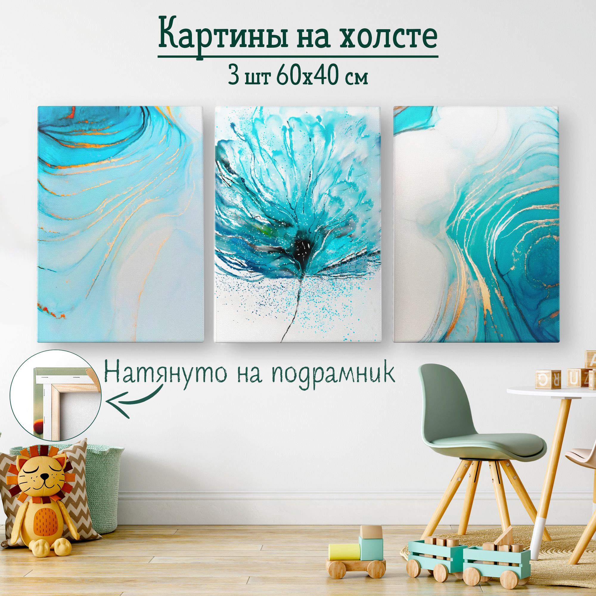 Картины для интерьера "Абстракция бирюзовая" на стену комнаты, 40*60 см, набор из 3 шт, декоративные модульные картины для кухни, настенный декор для дома, триптих