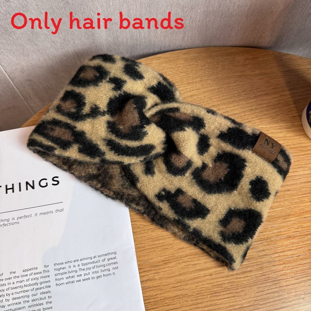 Leopard print knit hair band for women winter warm headwear hair accessories, brown