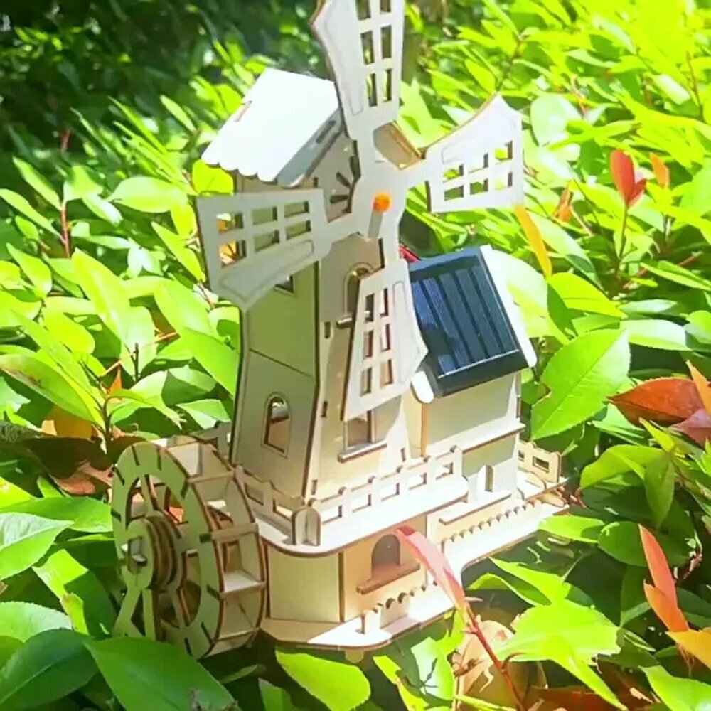 Деревянный 3D конструктор Солнечная ветряная мельница - Работает от солнечной панели, с водяным колесом. Научно-образовательный набор для сборки без клея.
