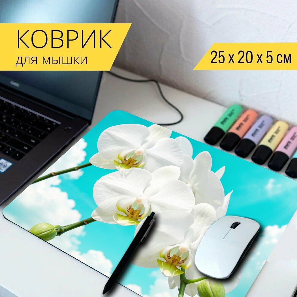 Коврик для мыши с принтом "Белые орхидеи на фоне неба. Нежные тропические цветы с крупными лепестками и зелёными бутонами на ярком бирюзовом фоне с облаками. Светлый." 25x20см.