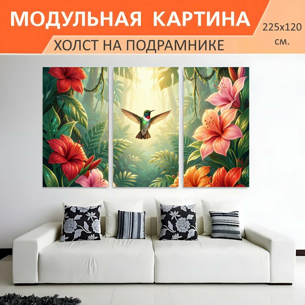 Модульная картина на холсте "Тропические цветы и колибри. Яркая джунглевая сцена с парящей маленькой птицей в лучах солнца, крупными." триптих на подрамнике 225х120 см. для интерьера