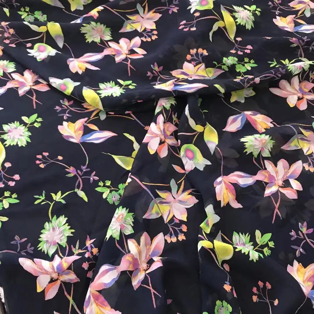 Темно-синяя шелковая ткань жоржетта с цветочным принтом, 100% шелк, 12 мм