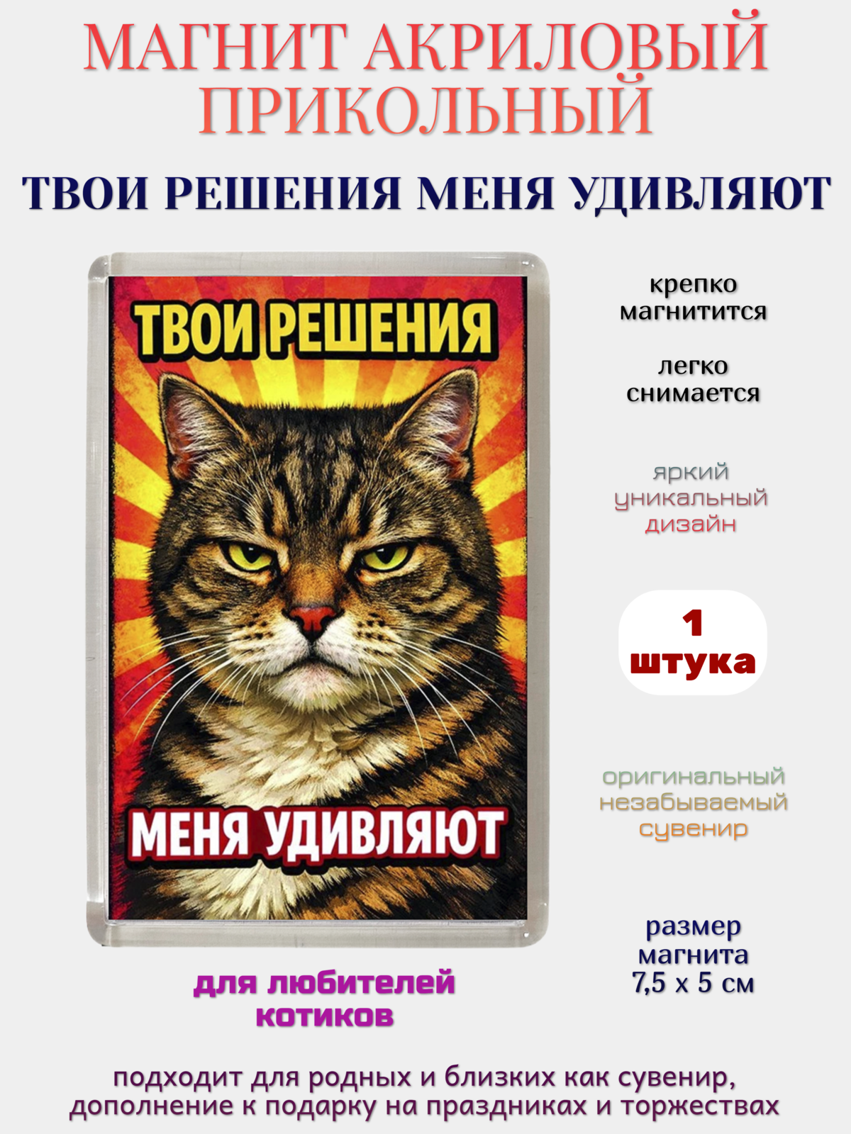 Магнит на холодильник акриловый с котом "Твои решения меня удивляют", прикольный мемный дизайн, 7,5х5 см