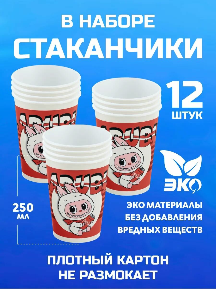 Одноразовая посуда для праздника на день рождения Лабубу Labubu. Одноразовые тарелки и стаканы. Набор для пикника, 12 персон. Сервировка праздничного стола.