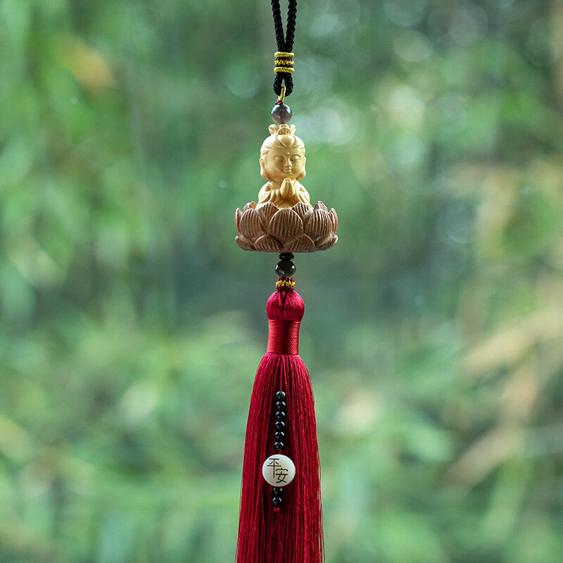 Подвеска для автомобиля в виде маленького Будды из самшита, основание в форме лотоса из персикового дерева с длинными кисточками, украшение для салона автомобиля, подвесное украшение для автомобиля, символ мира.