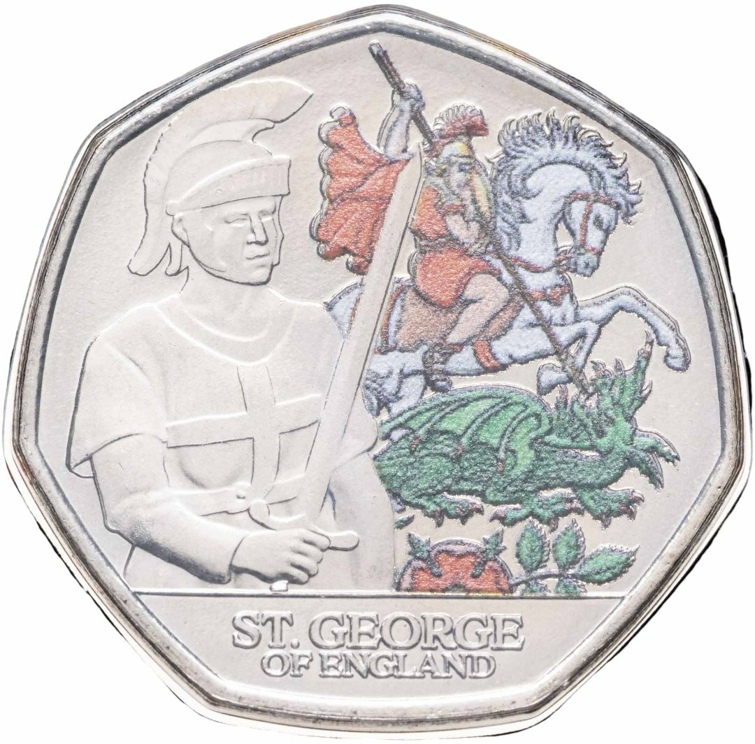 Джерси 50 пенсов 2024 "Святые покровители Британских Островов - Святой Георгий Английский", Мельхиор медь-никель, в сохранности BUNC