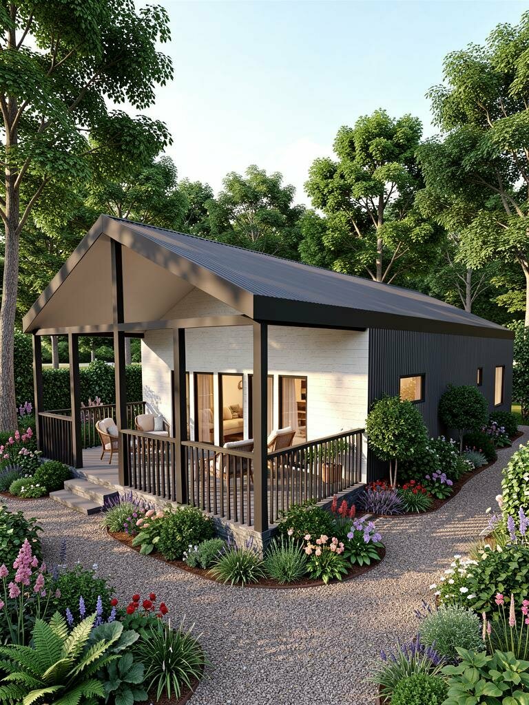 Проект одноэтажного каркасного дома с террасой и двумя комнатами 15,22х7,38 м