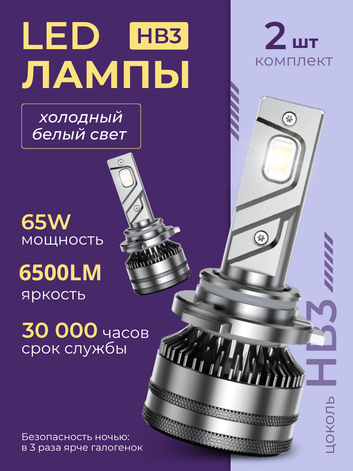Лампа автомобильная HB3 12-24V 65W (P20d) Лампа LED (CAN, 6000K, 6500Lm) к-т.2шт.