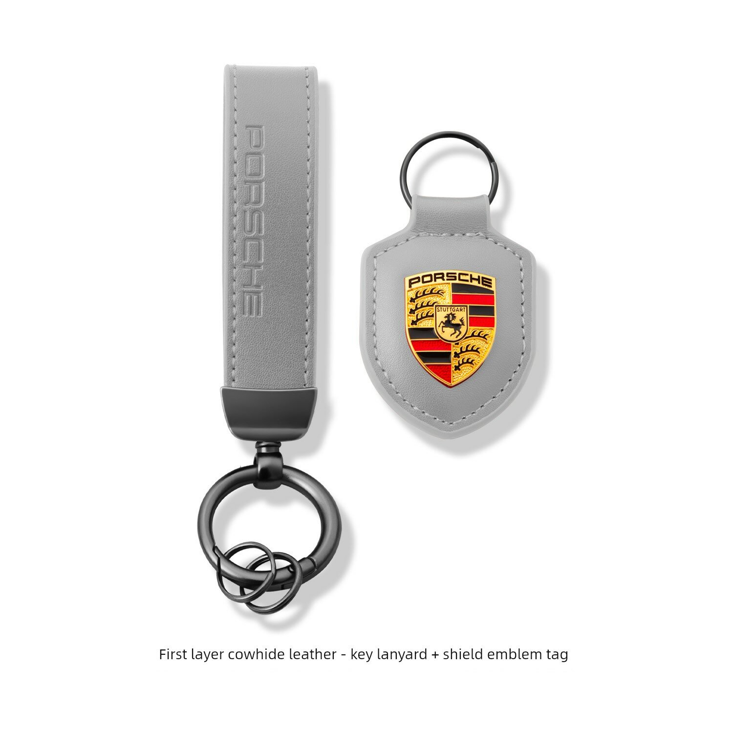 Ключевой брелок Porsche Cayenne 911 Classic Series из натуральной кожи с шнуром и эмблемой щита - Серый